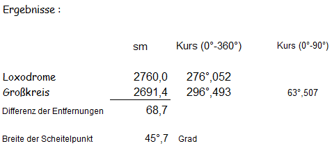 Loxodrome-Großkreis-Orthodrome, Kurswinkel-Entfernung - berechnen